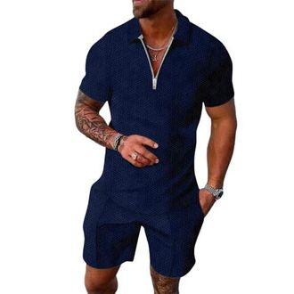 Generic Homme Surv&ecirc;tement de Sport T-Shirt &agrave; Manches Courtes Fermeture &eacute;clair et Short Ensemble, Costume Deux Pi&egrave;ces &agrave; Rayures pour Hommes,Couleur Unie Joggin