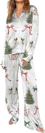 Generic Pyjama de Noël pour femme - Joli vêtement de nuit boutonné à manches longues - Chemise à revers - Vêtement de nuit élégant - Différents éléments, blan