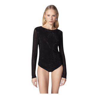 Twentyfourhaitch Body col rond manches longues ajust&eacute; en tulle stretch recouvert de strass - Femme - Tops - Noir - Taille: 40 FR