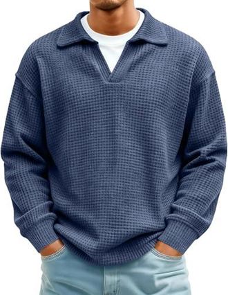 Generic Polo pour homme grand et grand t-shirt gaufr&eacute; col en V coupe ample &agrave; manches longues T-shirts de golf l&eacute;gers et respirants T-shirts de golf d&eacute;contract