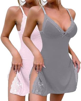 Generic Combinaison pour femme - Robe de nuit lat&eacute;rale avec bordure en dentelle et noeud - Robe de nuit en satin &agrave; bretelles spaghetti, f, XL