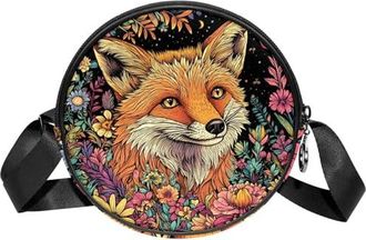Generic Petit sac à bandoulière rond pour femme, motif renard rétro, avec fermeture éclair, bretelles réglables, sac à main rond décontracté pour femmes et fi