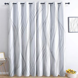 Generic Linien Wellig Drucken Blickdichte Vorhänge, Weiß Schwarz Bedruckte H229 x B168 cm (2er Pack) Shading Balkon