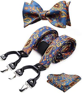 Hisdern Bretelles Homme ajustables élastiques Noeud papillon mouchoir 6 clips Brace Suspender