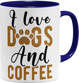 OM3 Hunde Tasse für Hundeliebhaber I I Love Dogs and Coffee - Keramik Becher - 11oz 325ml - Beidseitig Bedruckt - Dunkelblau