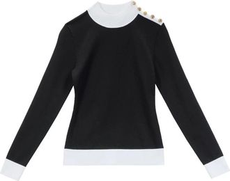 Karl Lagerfeld Femme, Pulls, Noir, Taille: 38 FR Button Detail Mock Neck Knit
