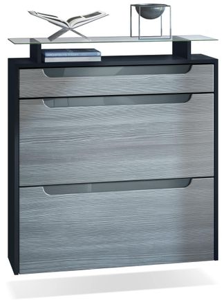 Vladon Schuhschrank Annie, Schuhkipper f&uuml;r 16 Paar Schuhe mit 2 Klappen, 1 Schublade und Glasablage, Schwarz matt/Avola Anthrazit, Griffmulden in Grau Hochgl