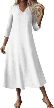 Generic Robe longue en lin pour femme - Col en V - Manches 3/4 - Solide - Longue robe d&eacute;t&eacute; - Tenue de vacances pour la plage et les voyages, blanc, XXL
