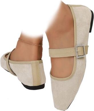 Generic Chaussures Mary Jane en daim pour femme - Style rétro élégant - Bout carré - Avec boucle réglable en strass, beige, 35.5 EU