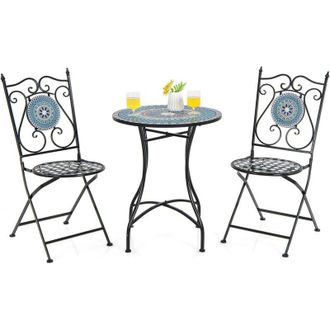 Costway Ensemble Bistrot pour Patio 3 Pi&egrave;ces en M&eacute;tal &agrave; Motif Mosa&iuml;que, Salle &agrave; Manger avec Table Ronde et 2 Chaises Pliantes, Ensemble Salon de Jardin pour