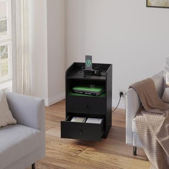 Woltu 1x Nachttisch mit led -Licht und Ladefunktion, Beistelltisch mit 2 Steckdosen 2 USB-Anschl&uuml;ssen, Sofatisch Couchtisch mit Schubladen offenem Fach