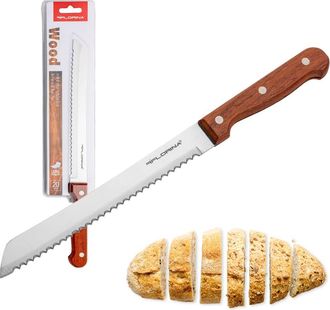 Generic Brotmesser, Edelstahlklinge, Klingenl&auml;nge 20cm, Klingenblatt mit scharfem Wellenschliff, bequemer Holzgriff, rostfrei, lebensmittelecht, Braun