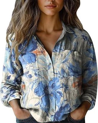 Generic Chemisier &agrave; manches longues pour femme - Style vintage - Chemise florale boh&egrave;me - Col en V - Boutonn&eacute;e - Motif floral - T-shirt &agrave; manches longues - Ch