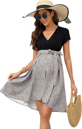 KOJOOIN Damen Umstandskleid V Ausschnitt Stillkleid Knielang Hohe Taille Schwangerschaftskleid mit Kurzarm Brauner Leopard XXL