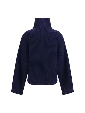 Ganni Merino Wool Zip-Neck Sweater - Navy