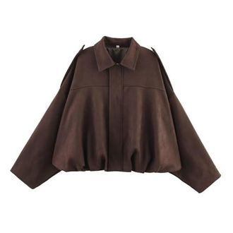 Generic Veste bomber en faux daim pour femme avec fermeture &eacute;clair et poches, style d&eacute;contract&eacute;, surdimensionn&eacute;, manches dolman, tendance, streetwear, marron 