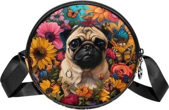 Generic Sac &agrave; bandouli&egrave;re rond pour femme, carlin, fleurs, petit sac &agrave; bandouli&egrave;re avec fermeture &eacute;clair, bretelles r&eacute;glables, sac &agrave; main rond d&eacute;contract&eacute; pou