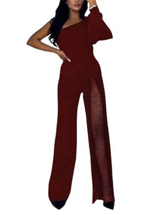 Minetom Combinaison Femme Chic &Eacute;paules D&eacute;nud&eacute;es Jumpsuit Une Pi&egrave;ce Tenue Mariage Soir&eacute;e F&ecirc;te Overall A Rouge XXL