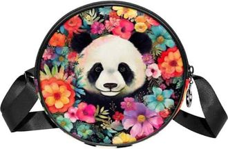 Generic Sac &agrave; bandouli&egrave;re rond pour femme, motif panda, fleur de panda, sac &agrave; dos avec fermeture &eacute;clair, bretelles r&eacute;glables, sac &agrave; main rond d&eacute;contract&eacute; pour