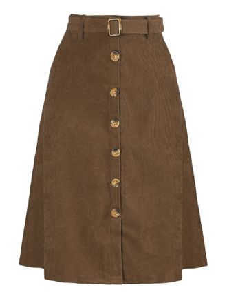 Allegra K Damen-Midirock aus Cord, hohe Taille, Knopfleiste vorne, A-Linie, G&uuml;rtel, Kaffee, XX-Large