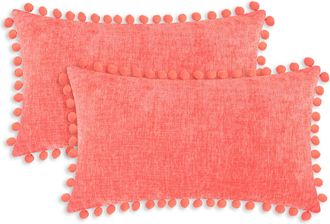 CaliTime Dekokissenbezüge 2er-Pack Kuschelige, durchgefärbte, weiche Chenille-Kissenbezüge mit Pom Poms für Couch Sofa Dekoration 30cm x 50cm Living Coral