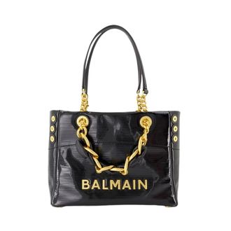 Balmain Femme, Sacs, Noir, Taille: ONE Size Sac Shopper en Cuir Noir avec Fermeture &agrave; Rayures en Cuir Verni