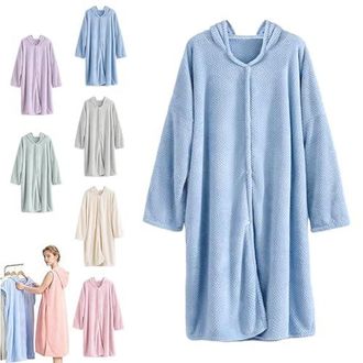 Generic Peignoir de bain confortable &agrave; capuche textur&eacute; pour femme, peignoir long &agrave; capuche en peluche, doux et &agrave; s&eacute;chage rapide, Manches Longues Bleu, Taille 