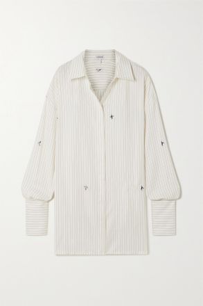 Loewe Chemise Oversize En Serge De Soie Et De Coton Mélangés À Fines Rayures Et À Broderies X Suna Fujita - Blanc