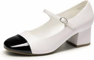 Dream Pairs Mary Jane Shoes Chaussures habillées à talon bas et fermé à bout épais pour femme, Blanc et noir, 38.5 EU