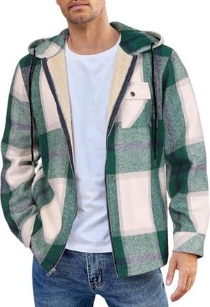 Jamron Homme Hiver Veste à Capuche en Polaire à Carreaux Zippée Manteau Rembourré Chaud Décontracté Vert & Blanc XXL