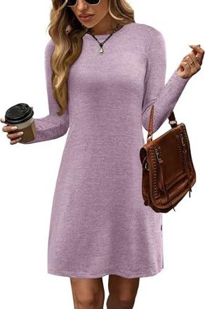 Zeagoo Robe Pull pour Femme &agrave; Manches Longues Hiver Robes D&eacute;contract&eacute;e &agrave; Col Rond avec Boutons sur Le C&ocirc;t&eacute; Mauve M