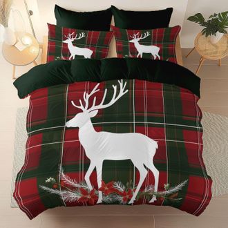 Generic Bettwäsche Weihnachten Hirsch Kariert Bettwäsche Set 3D Microfaser Luxus Bettbezug Set 135 x 200 cm und 2 Kissenbezüge 80x80cm mit Reißverschluss Rot 