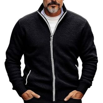 Generic Pull cardigan dhiver pour homme avec fermeture &eacute;clair - Tricot c&ocirc;tel&eacute; - Poches courtes - Tricot&eacute; - Bloc de couleur - Col montant - Chaud - Trench d&eacute;co