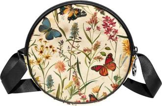 Generic Petit sac &agrave; bandouli&egrave;re circulaire pour femme, motif papillons et fleurs sauvages, sac &agrave; dos avec fermeture &eacute;clair, bretelles r&eacute;glables, sac &agrave; main ro