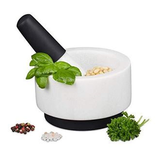 Relaxdays Mortier et pilon, en granit, Silicone, longue vie, massif &eacute;pices et herbes,broyeur en pierre D14 cm, blanc