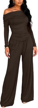 Generic Ensemble 2 pi&egrave;ces &agrave; &eacute;paules d&eacute;nud&eacute;es pour femme - Chemises &agrave; manches longues - Pantalon large - Extensible - Ample - &Eacute;paules d&eacute;nud&eacute;es, marron, L