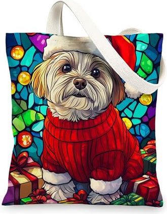 Generic Sac fourre-tout de No&euml;l en toile avec motif chien maltais 33 x 38,1 cm, motif chiot en vitrail, sac d&eacute;picerie r&eacute;utilisable pour homme et femme, peintu