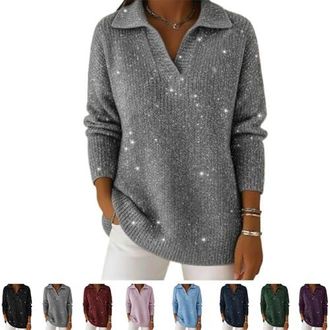 Generic Pull Ample Et Brillant à Col en V pour Femme, Idéal pour Les Fêtes De Fin Dannée(Gray,3XL)