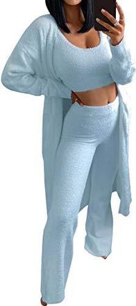Minetom Femmes Ensemble de 3 Pi&egrave;ces Pyjamas Chaud Toison Polaire V&ecirc;tements de Nuit Doux Veste Sweat &agrave; Capuche D&eacute;bardeur Pantalons Longs C Bleu 34