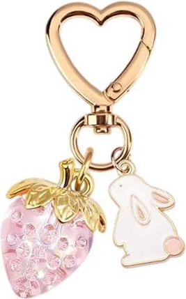 Generic Porte-cl&eacute;s lapin fraise mignon pour femme, anneau en alliage tendance avec breloque florale, id&eacute;al pour sacs, cl&eacute;s et accessoires de t&eacute;l&eacute;phone (6.8X2.