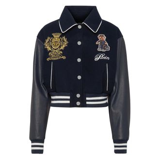 Philipp Plein Femme, Vestes, Bleu, Taille: 38 FR Bomber Teddy Universitaire en Laine et Cuir