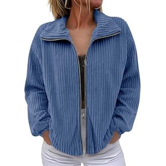 Generic Veste en velours côtelé pour femme avec revers et fermeture éclair intégrale - Manteau léger pour lautomne et lhiver, bleu, XXL