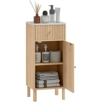 HOMCOM Meuble de salle de bain - HOMCOM - avec plateau effet marbre et porte rainurée, tiroir et étagère réglable - 36 x 30 x 80 cm - chêne
