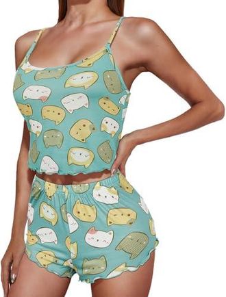 Generic Pyjama Short Femme Été Sexy Ensemble De Deux Pièces Amour Imprimé Bretelles Réglables Tops Chic Ete 2 Pièce Vêtement Nuit Haut Et Shorts Pyjamas Court