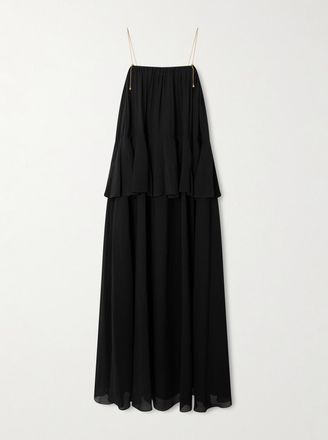 Chloé Robe Longue Dos Ouvert En Georgette De Soie À Ornements - Noir