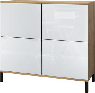 Vladon Kommode Rova V3, Moderner K&uuml;chenschrank mit 4 Push-to-Open T&uuml;ren Eiche Evoke/Wei&szlig; Hochglanz (92,5 x 83.5 x 35)