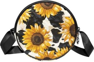 Generic Petit sac &agrave; bandouli&egrave;re circulaire pour femme, motif feuilles florales, sac &agrave; dos avec fermeture &eacute;clair, bretelles r&eacute;glables, sac &agrave; main rond d&eacute;contra