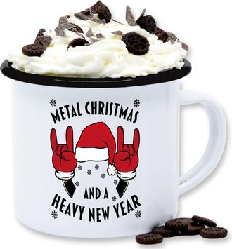 Shirtracer Emaille Tasse Blechtasse - Weihnachtstasse Weihnachten - Metal Christmas and a Heavy New Year - 300 ml - Weiß Schwarz - weihnachtstassen weihnachtsmot