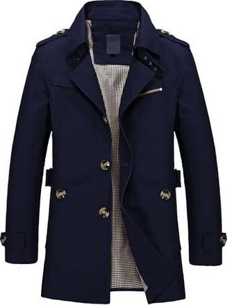 Generic Trench-coat pour homme avec revers cranté court à simple boutonnage coupe-vent veste mi-longue Trench Coat Business Manteau, noir foncé, XXL