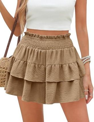 Heekpek Short Femme Ete Fluide à Volants Shorts Taille Haute Ceinture Élastique Jambes Larges Jupe Short de Plage Confort Mini Shorts de Vacances avec Doublur